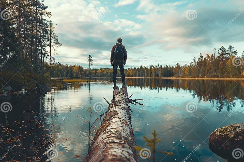 Ai Generative Man Riding a Log on the River Stock Illustration ...