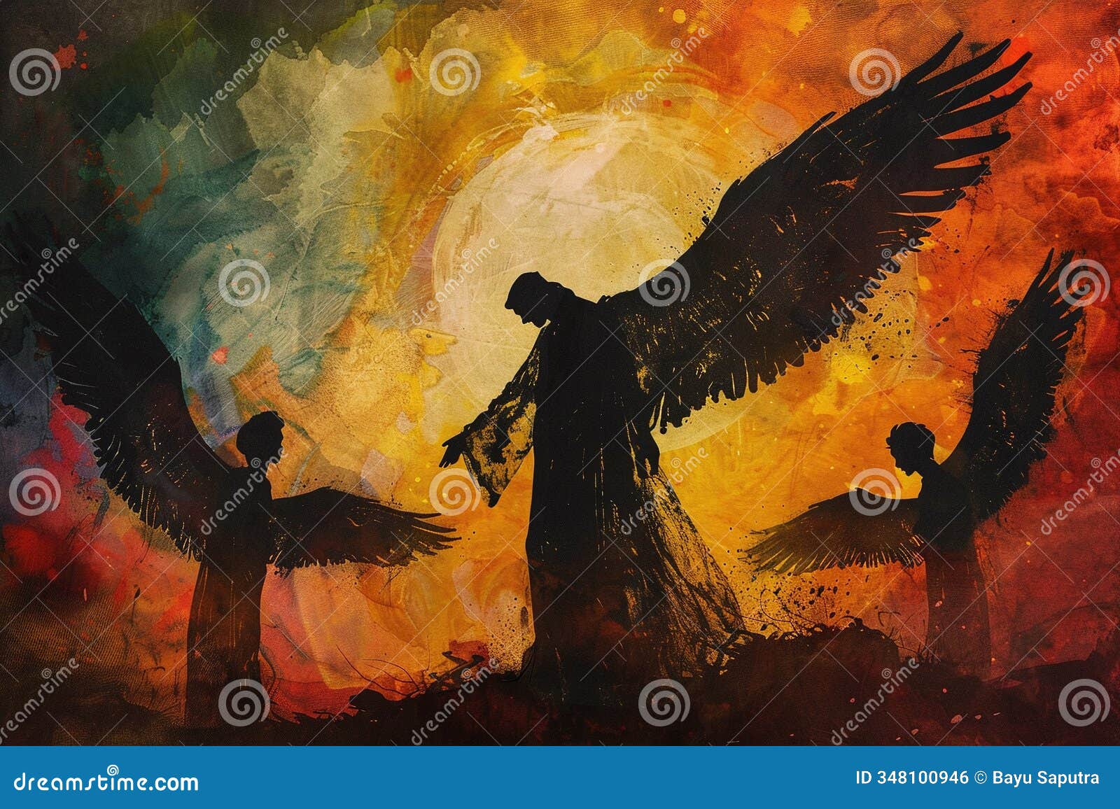 Ai Generative Painting of a Man with Two Angels Stock Illustration ...