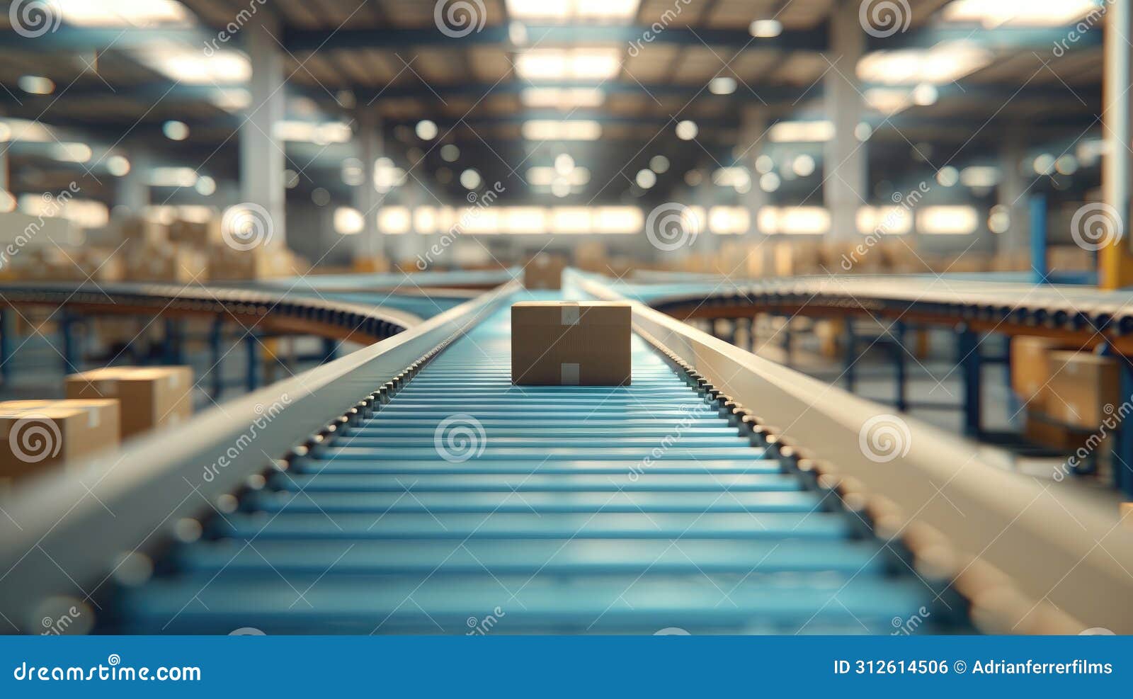 Perspective View of a Box on a Conveyor Belt in a Warehouse with ...