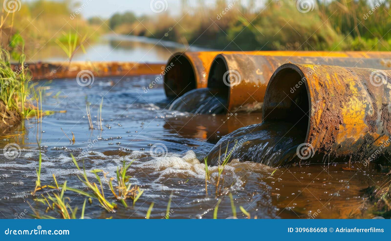 A Row of Corroded Pipes Spewing Water into a Natural Environment ...
