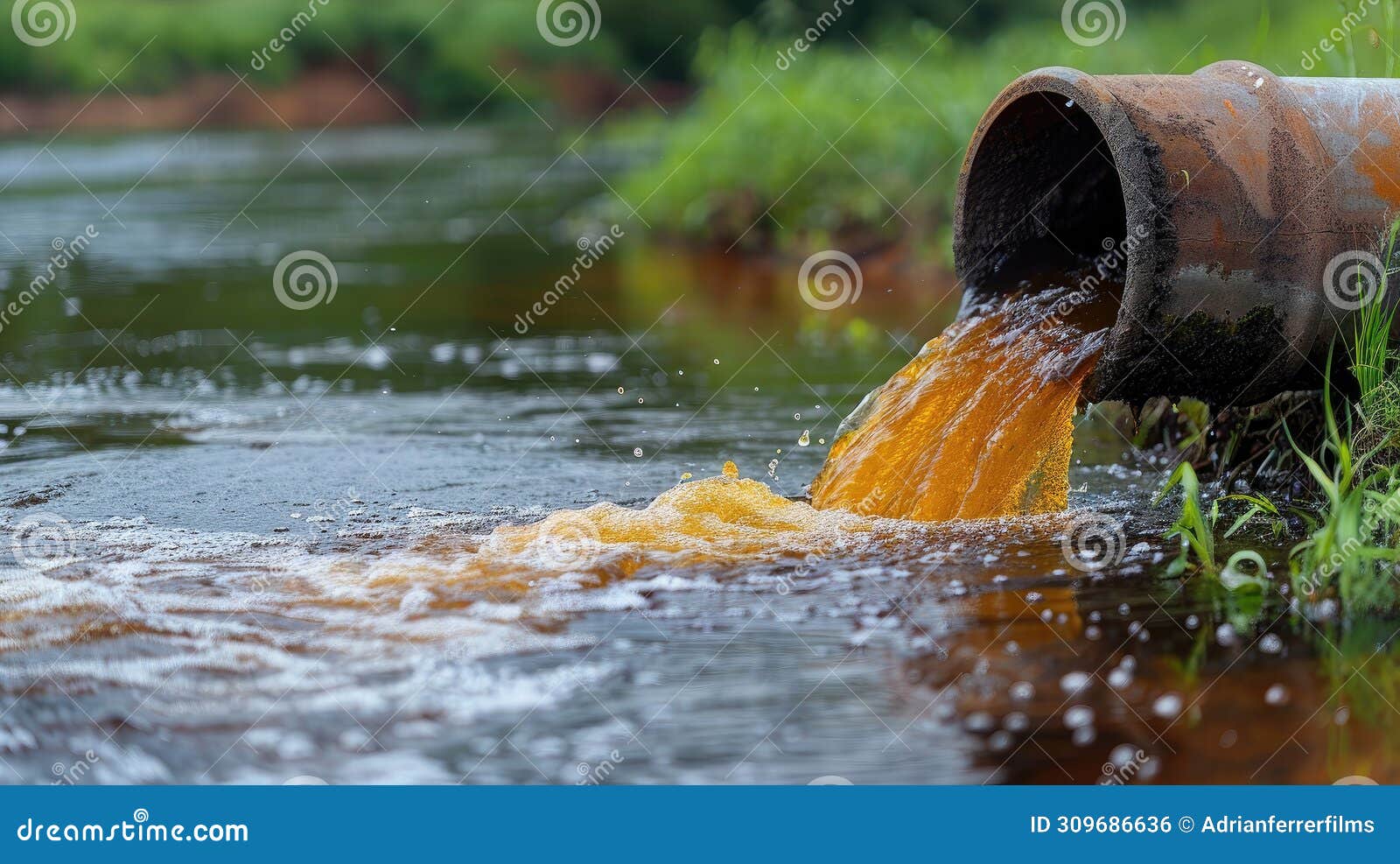 Rust-colored Effluent Discharging from a Pipe into a River, Polluting ...