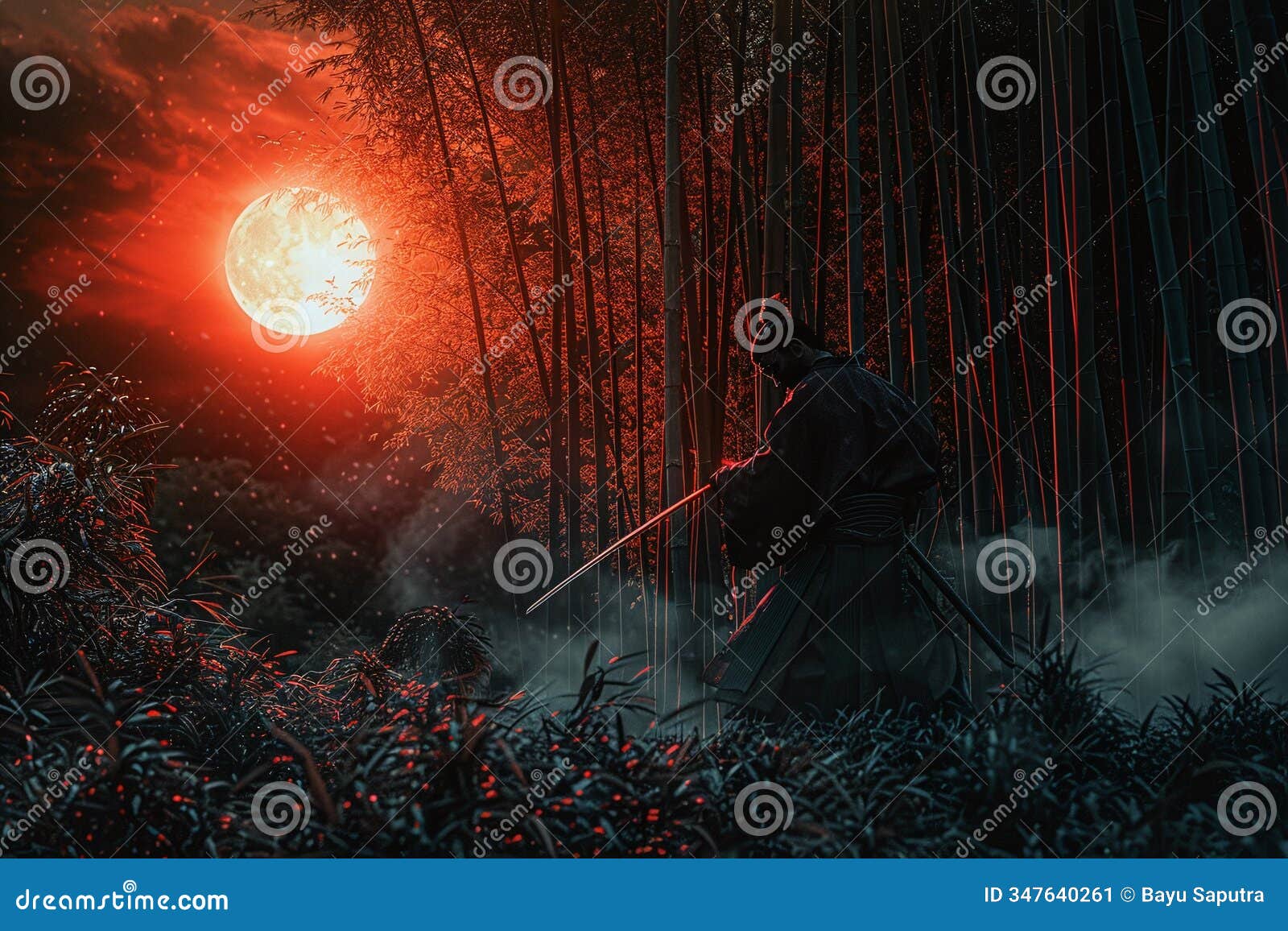 Ai Generative Samurai at Bamboo Forest Night Stock Illustration ...