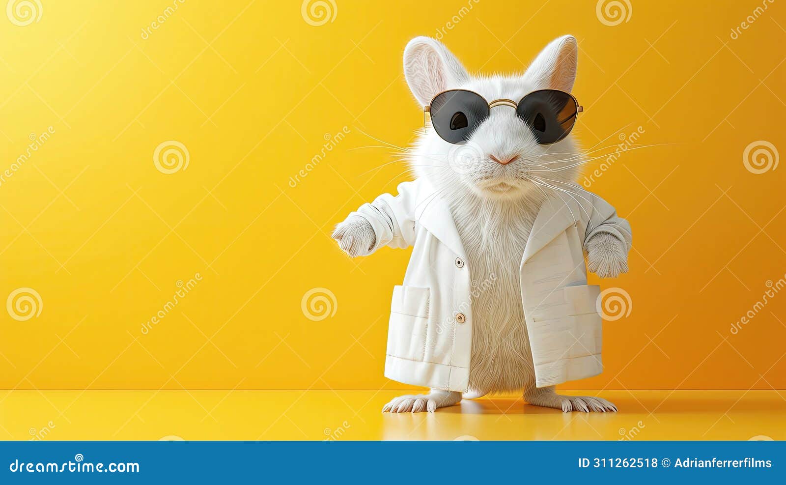 Smart Mouse in Lab Coat Presenting on a Yellow Background. Stock ...