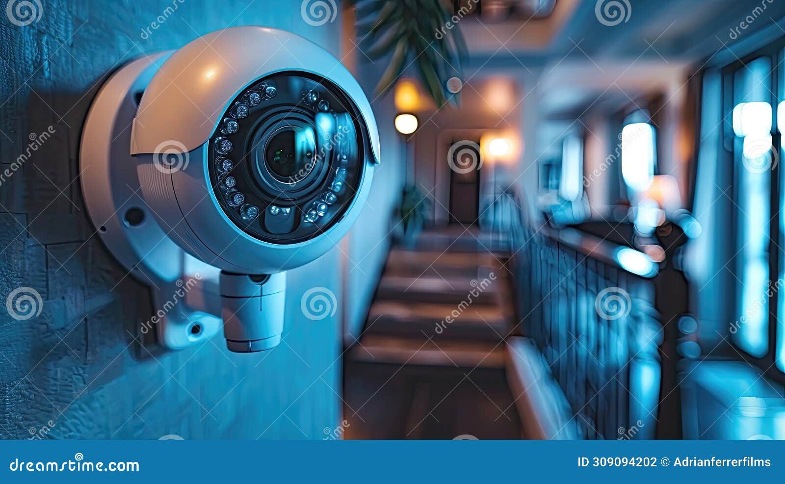 Sophisticated Security Camera in a Warmly Lit Corridor. Stock Photo ...
