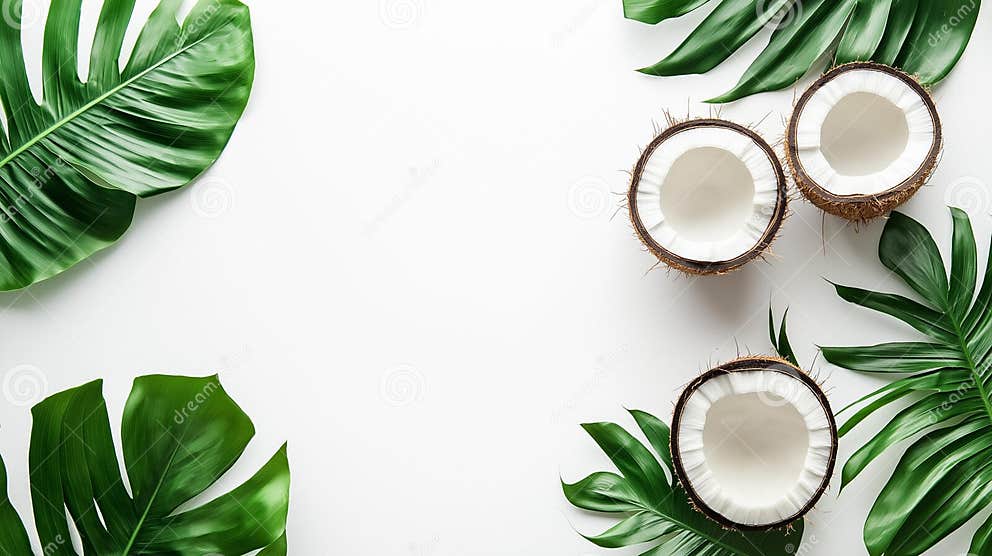 AI Generator Image of Blue Textured Background with Coconut Leaves and Coconuts on the Sides ...