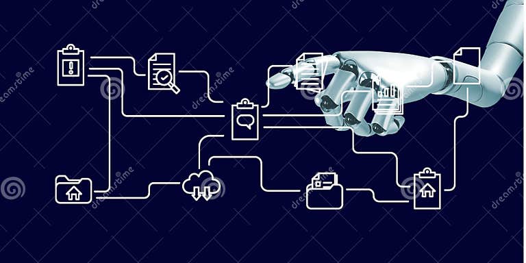AI Hand with Digital Work Icon . Robotic Hand Use Data To Perform an Action Based on the ...