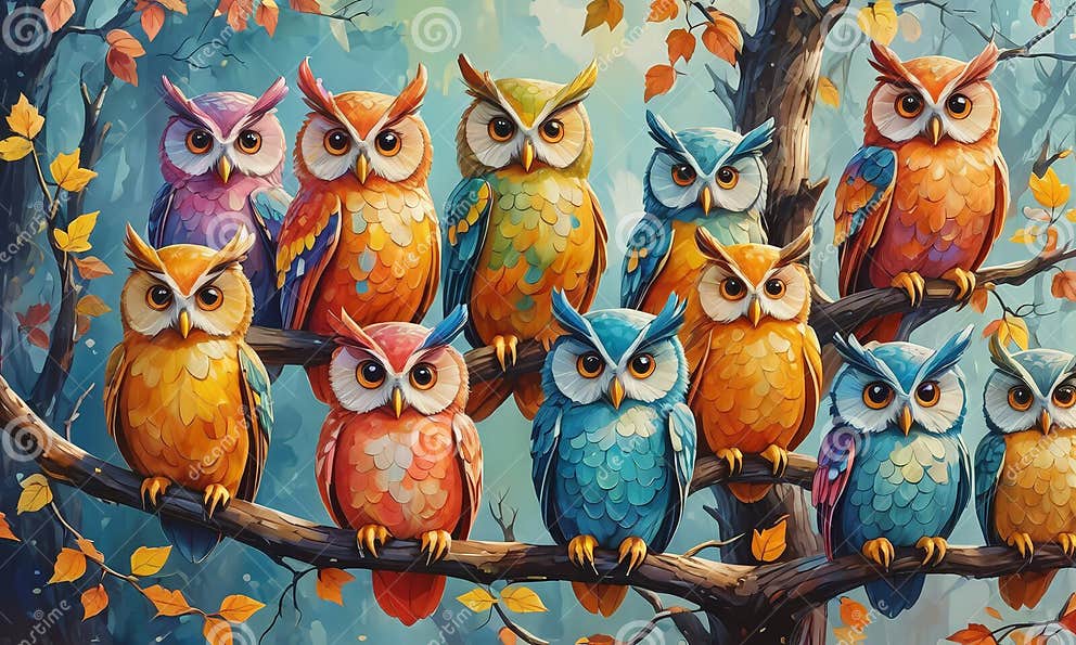 Group Owls Sitting on Tree Branch Stock Illustration - Illustration of ...