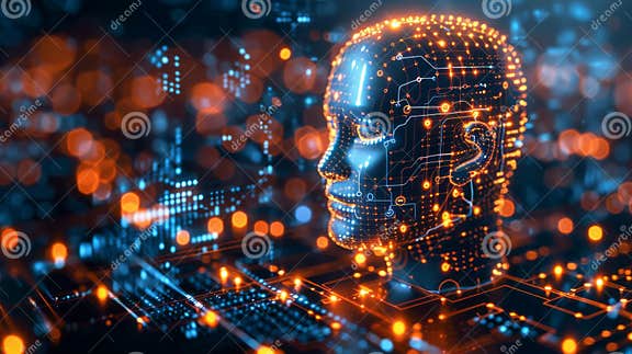 AI Head Glowing Digital Circuit Network Artificial Intelligence Machine Learning Data Processing ...