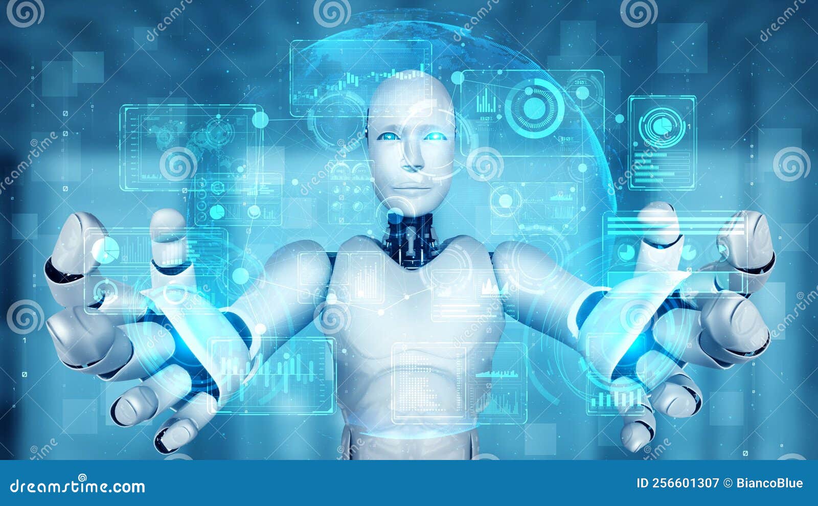 AI Hominoid Robot Holding Virtual Hologram Screen Showing Concept of ... AI Hominoid Robot Holding Virtual Hologram Screen Showing Concept of ...