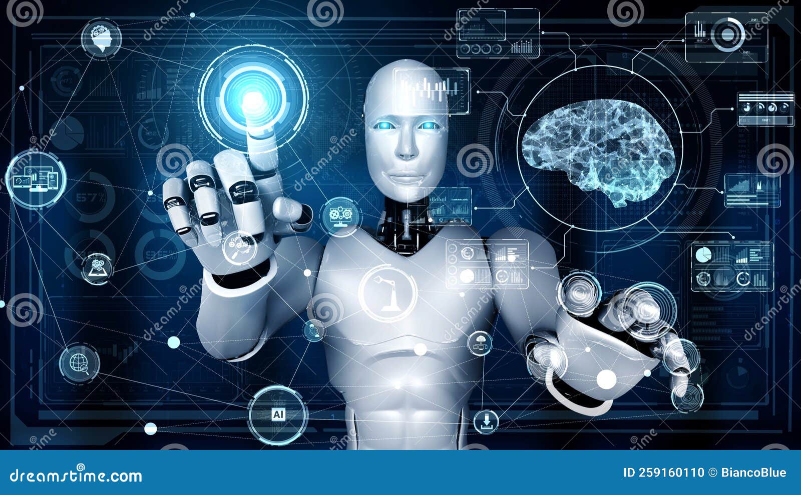 AI Hominoid Robot Touching Virtual Hologram Screen Showing Concept of AI Brain Stock ...