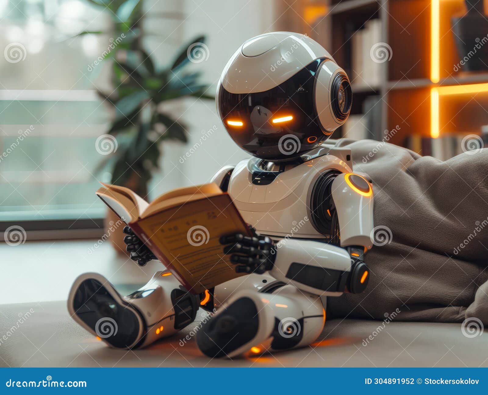 Ai Humanized Robot or Droid Reading Book on the Couch at Home, Machine ...
