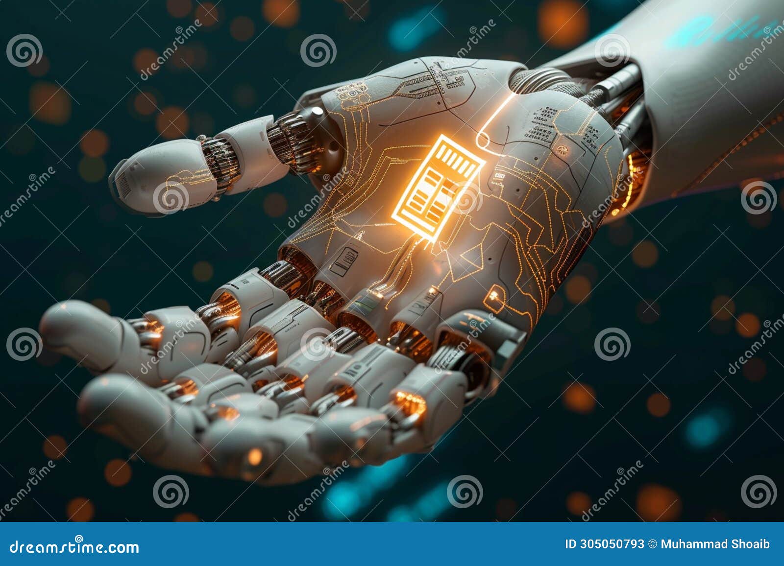 AI Humanoid Hand with Microchip Hologram and Logo 3D Rendering Stock ...