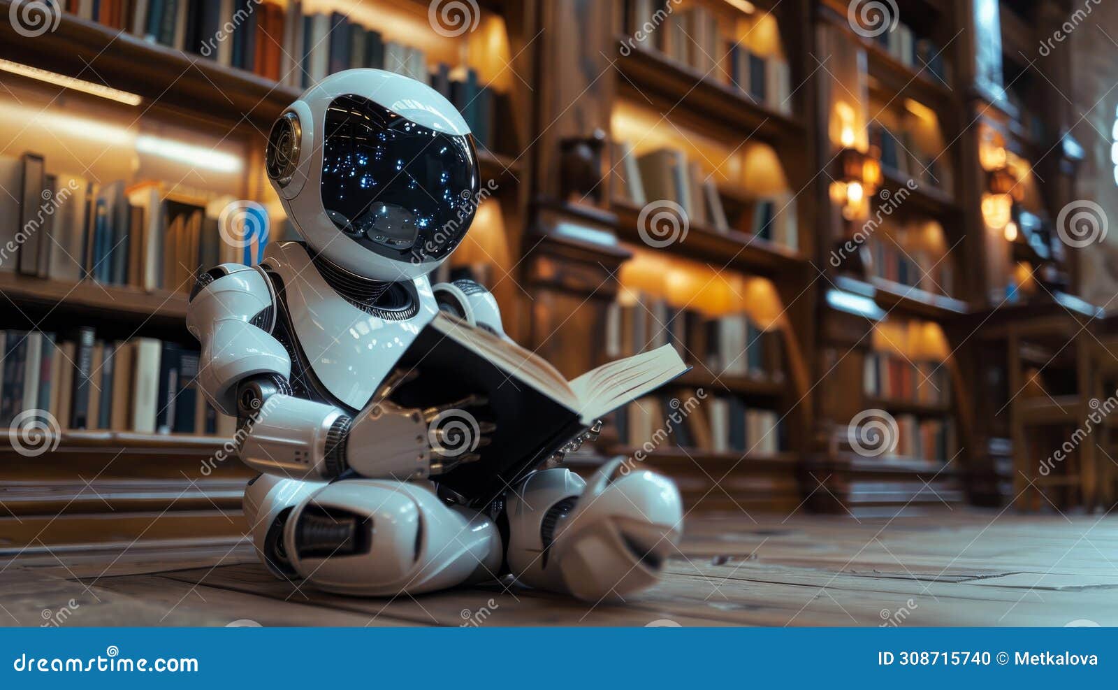 Ai Humanoid Robot Sitting and Reading Book in Library As Growth in ...