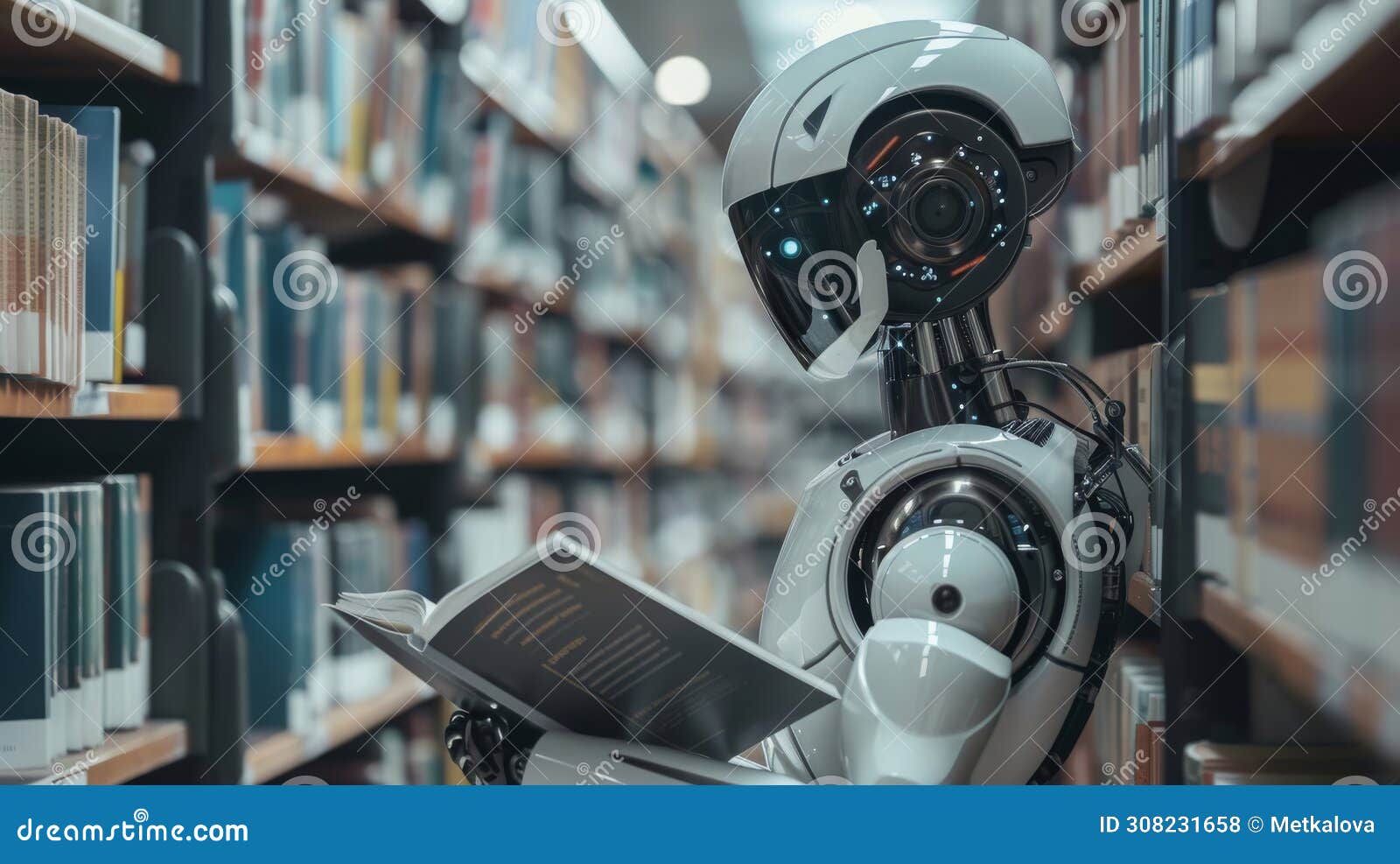 Ai Humanoid Robot Sitting and Reading Book in Library As Growth in ...