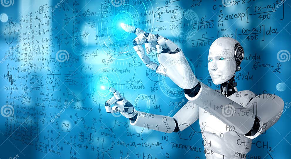 AI Humanoid Robot Touch Screen of Mathematics Formula and Science ...