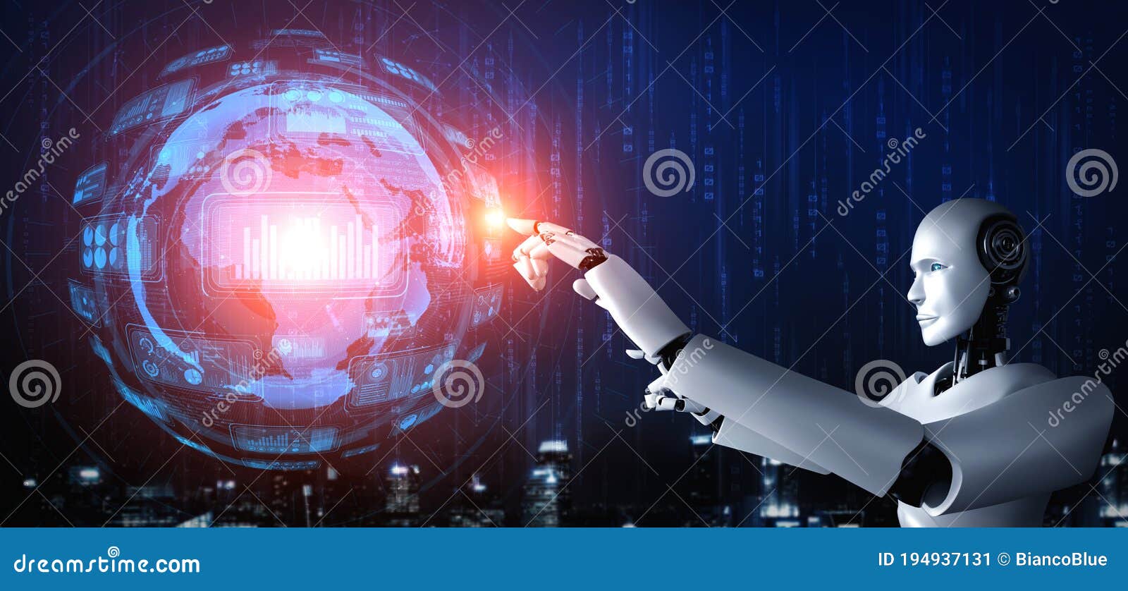 AI Humanoid Robot Touching Virtual Hologram Screen Showing Concept of Big Data Stock ...