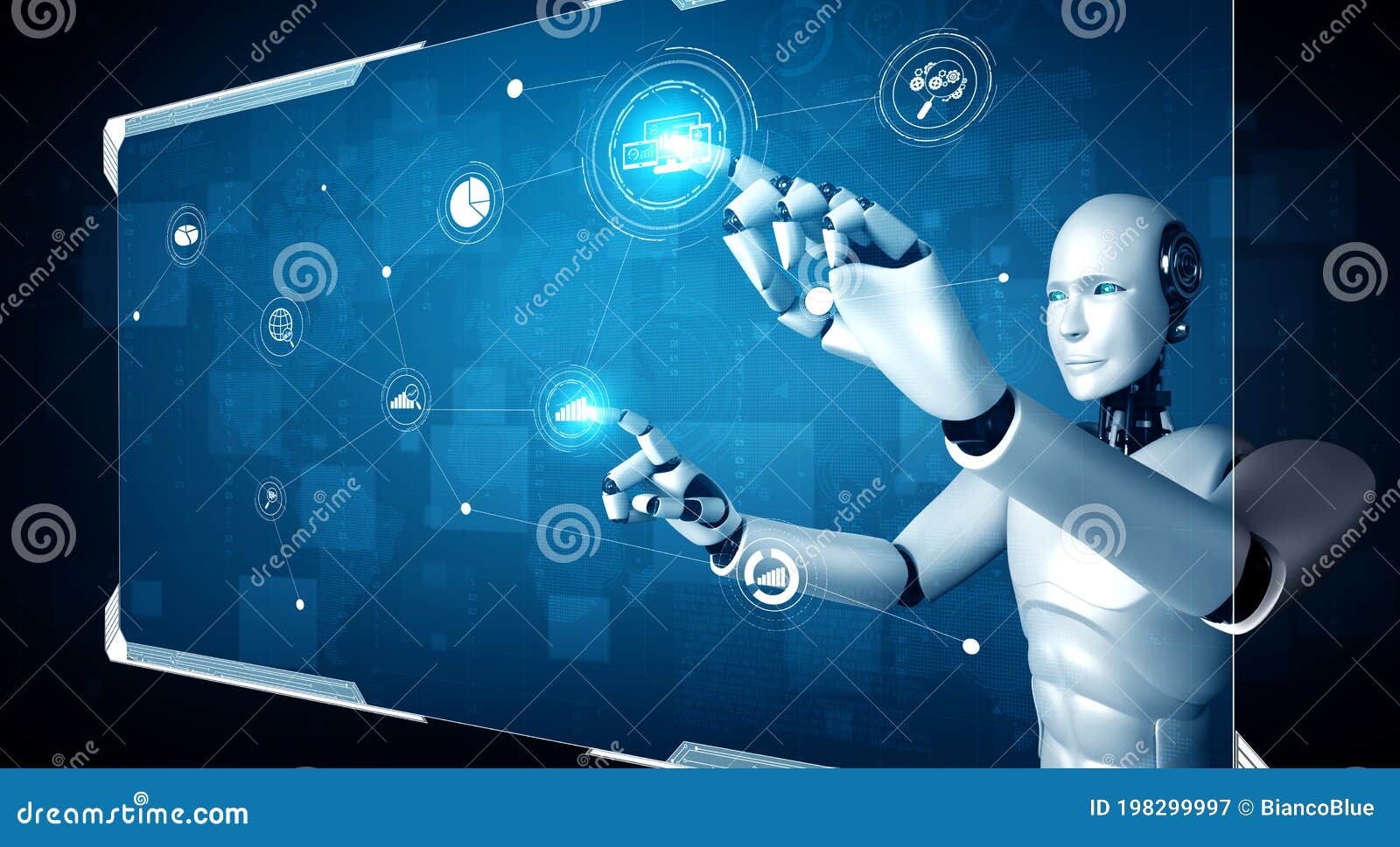 AI Humanoid Robot Touching Virtual Hologram Screen Showing Concept of Big Data Stock ...
