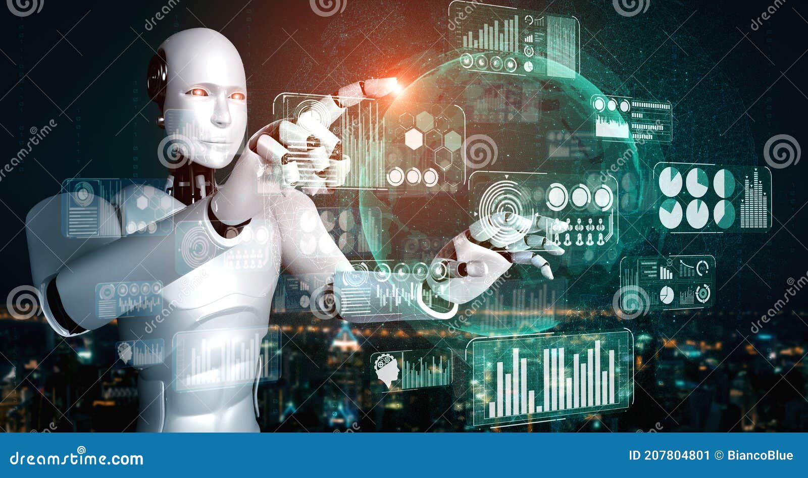 AI Humanoid Robot Touching Virtual Hologram Screen Showing Concept of Big Data Stock ...