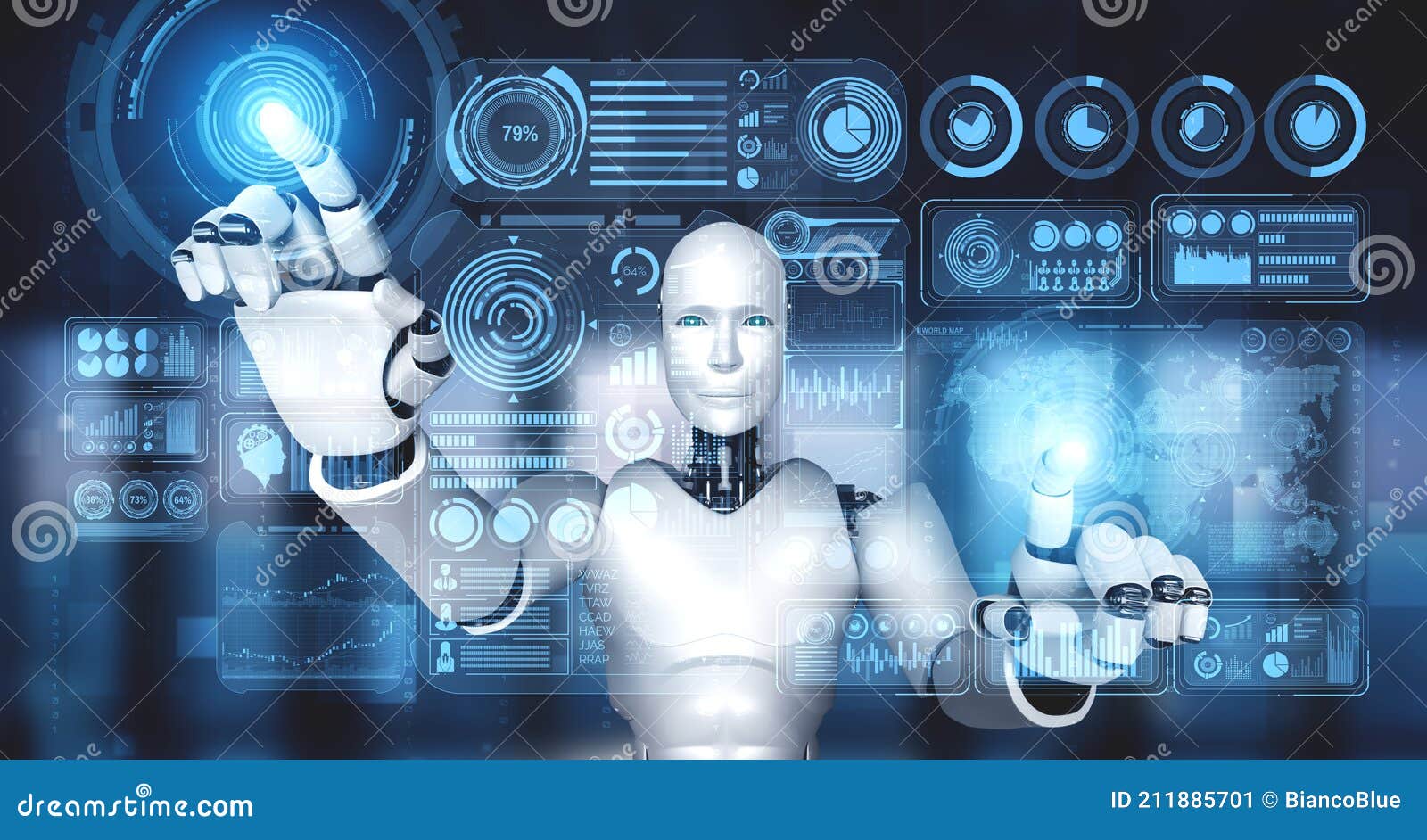 AI Humanoid Robot Touching Virtual Hologram Screen Showing Concept of Big Data Stock ...