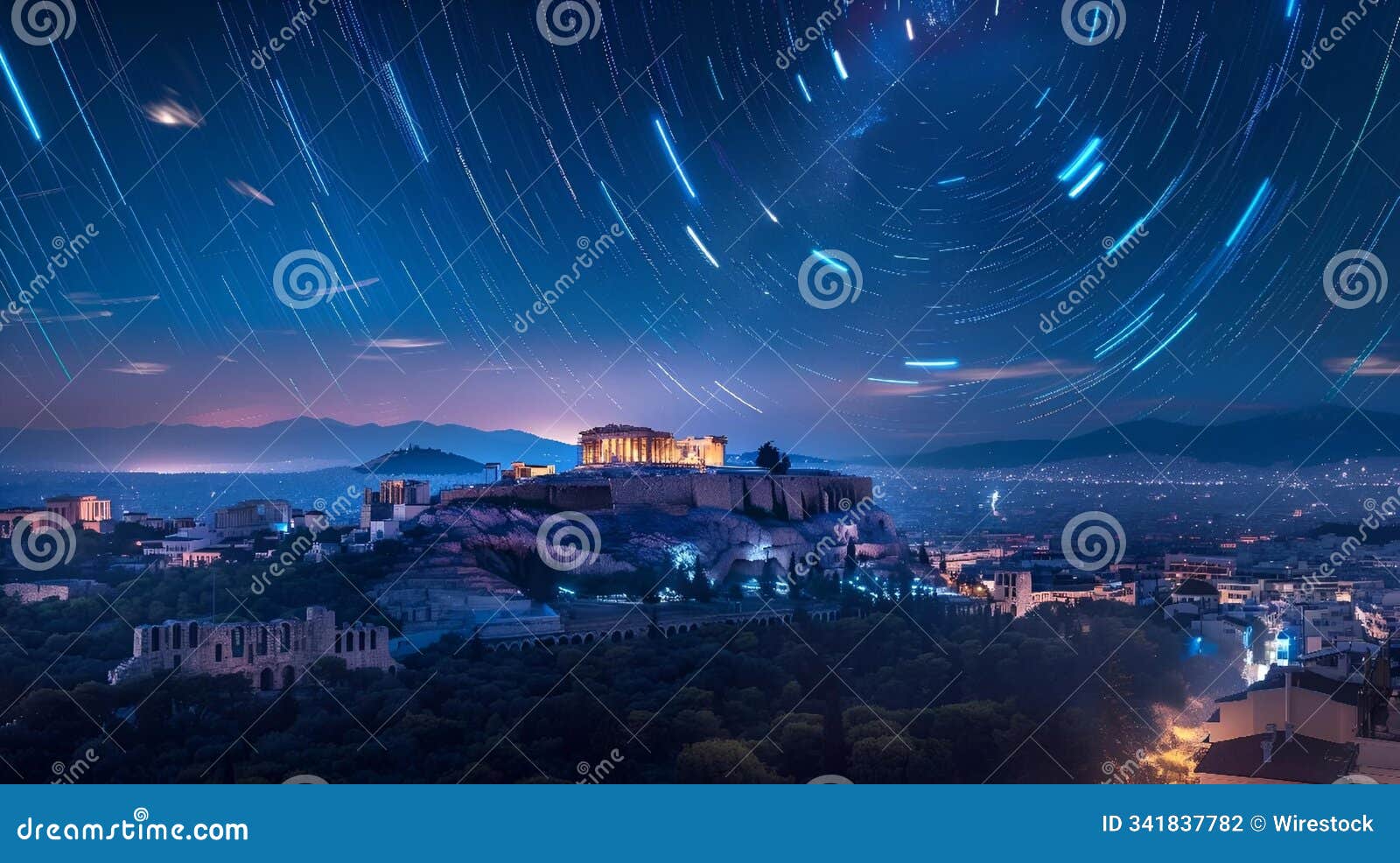 AI Illustration of the Acropolis at Night with Star Trails Stock ...