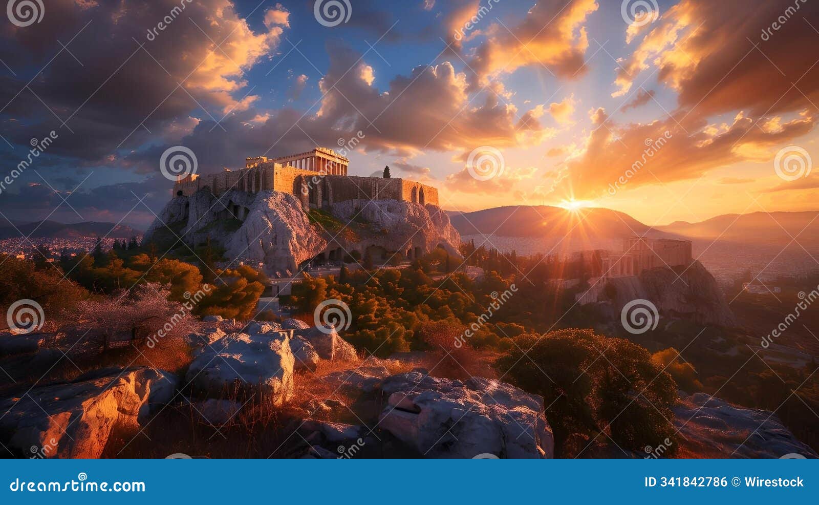 AI Illustration of the Acropolis at Sunrise with Lens Flare. Stock ...