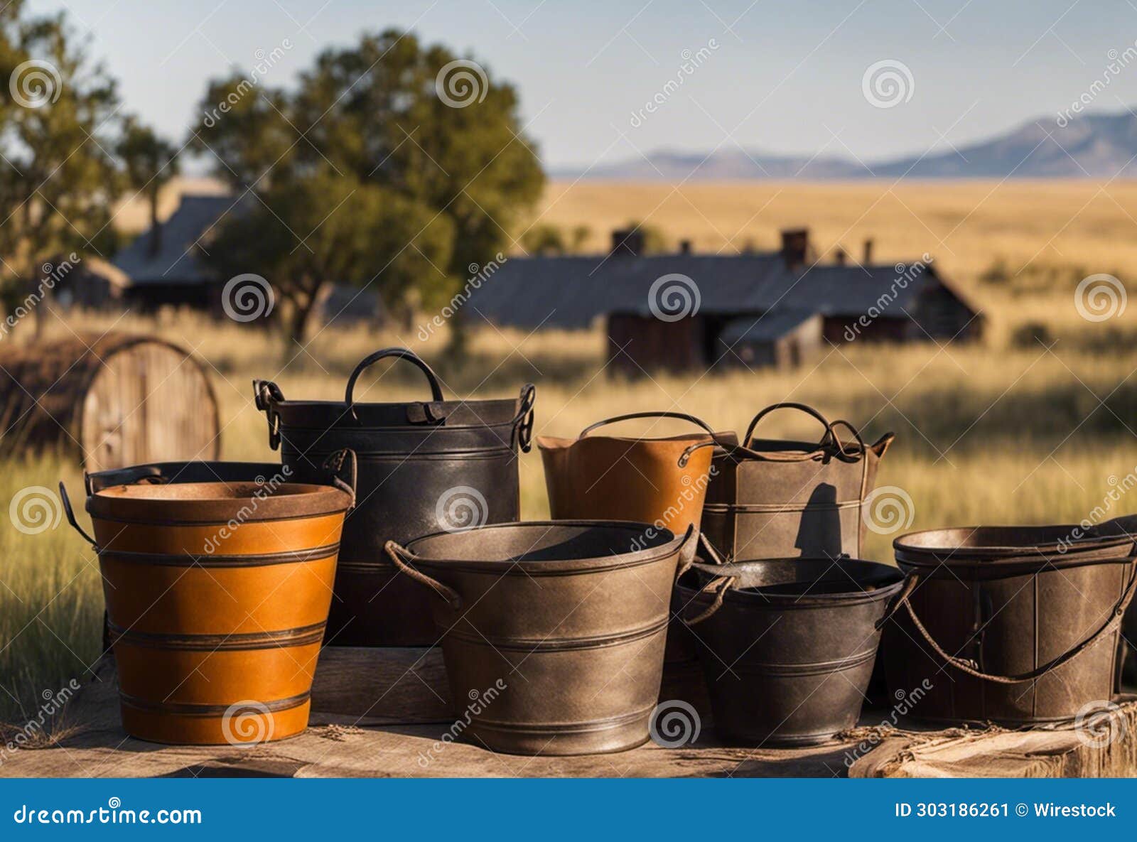 AI Illustration of an Array of Rustic Metal Buckets Lined Up in Front ...