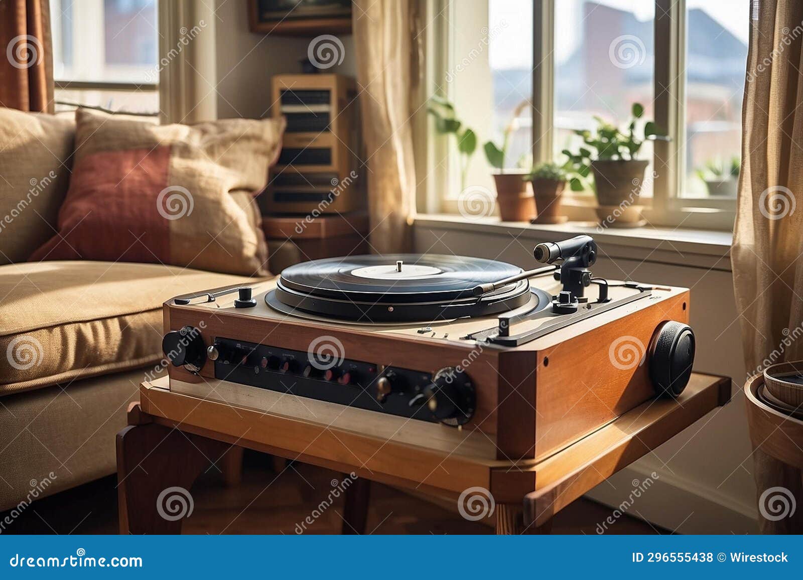 An AI Illustration of an Audio Deck Sits in Front of a Window with a ...