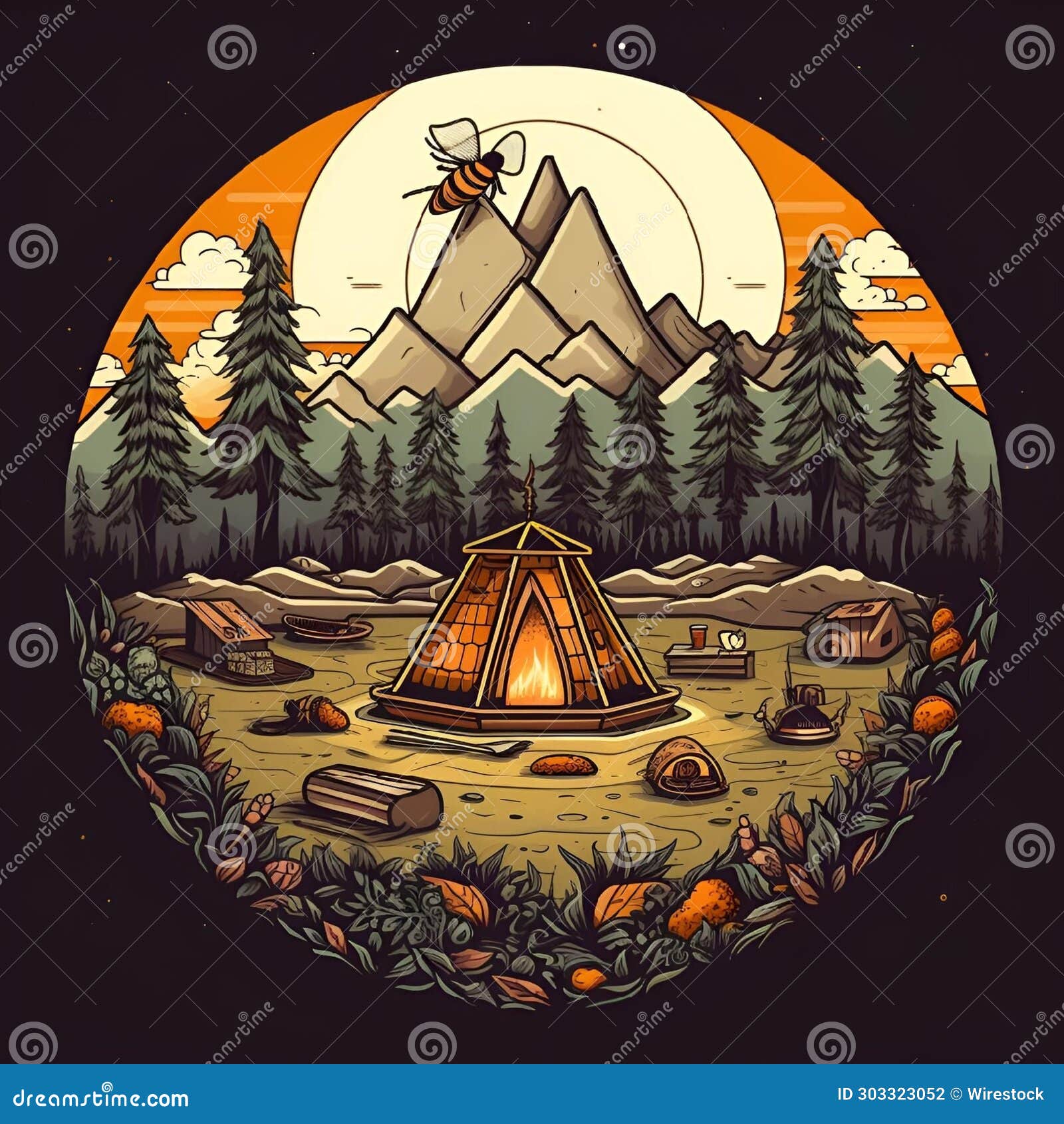 AI Illustration of a Bee Camping Logo. Stock Illustration ...