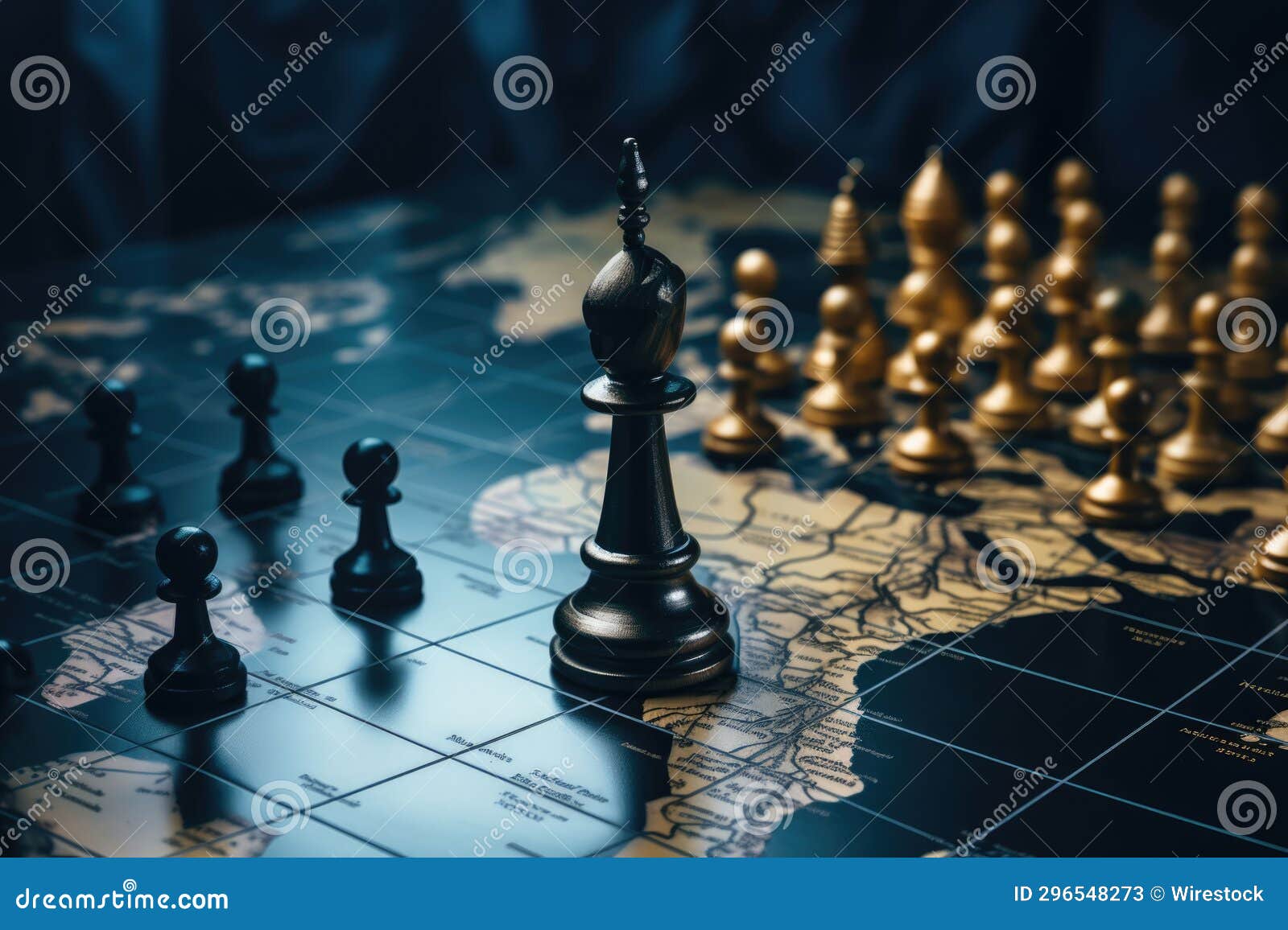 An AI Illustration of Chess Pieces on a World Map in Front of it with a ...