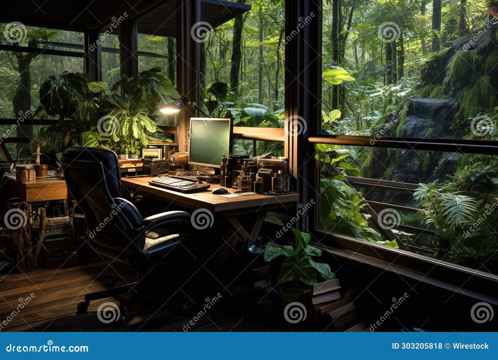 An AI Illustration of a Computer Desk Next To a Window in a Jungle Area ...