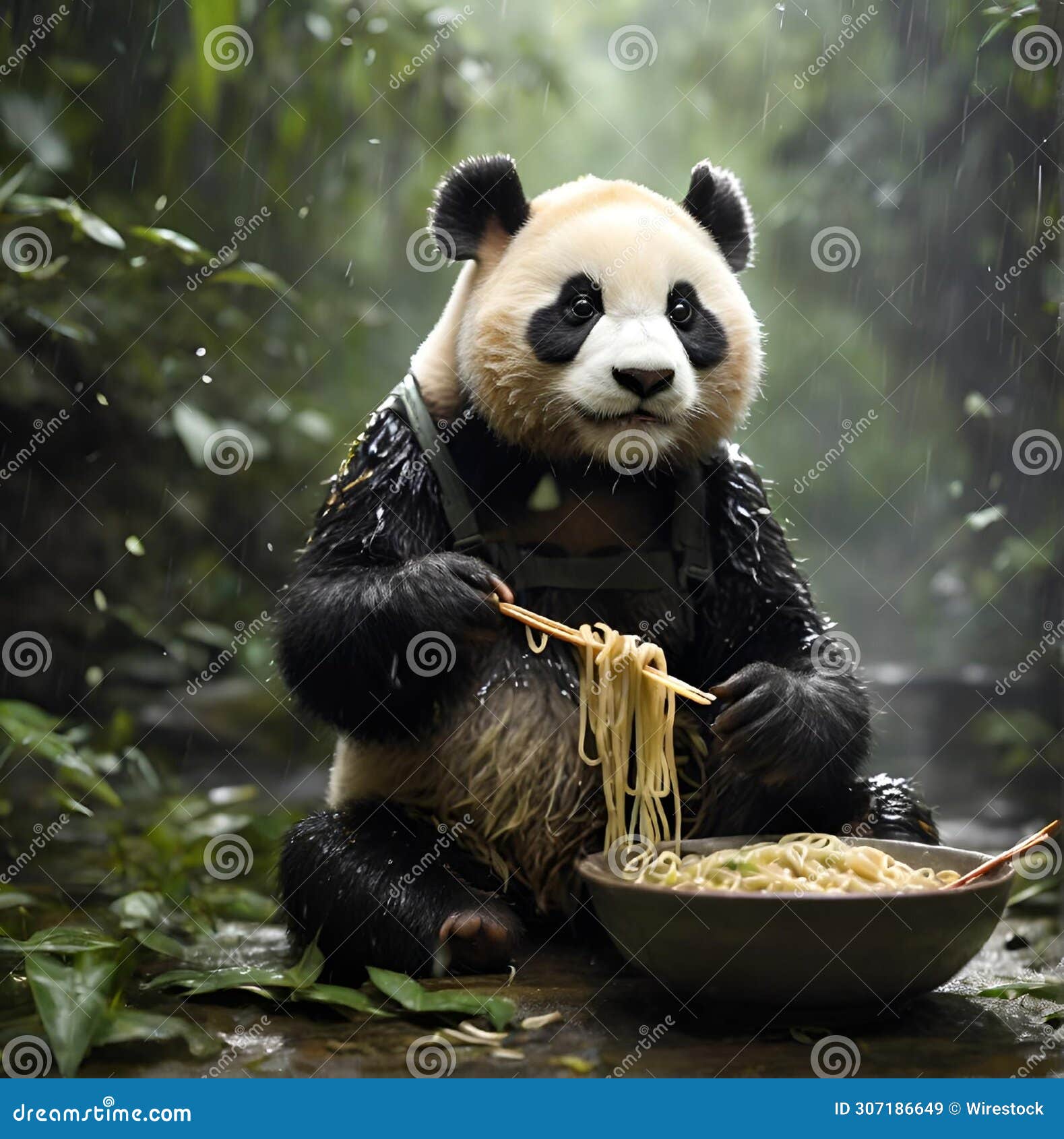 AI Illustration of a Cute Panda Eating Ramen in the Rainforest Stock ...