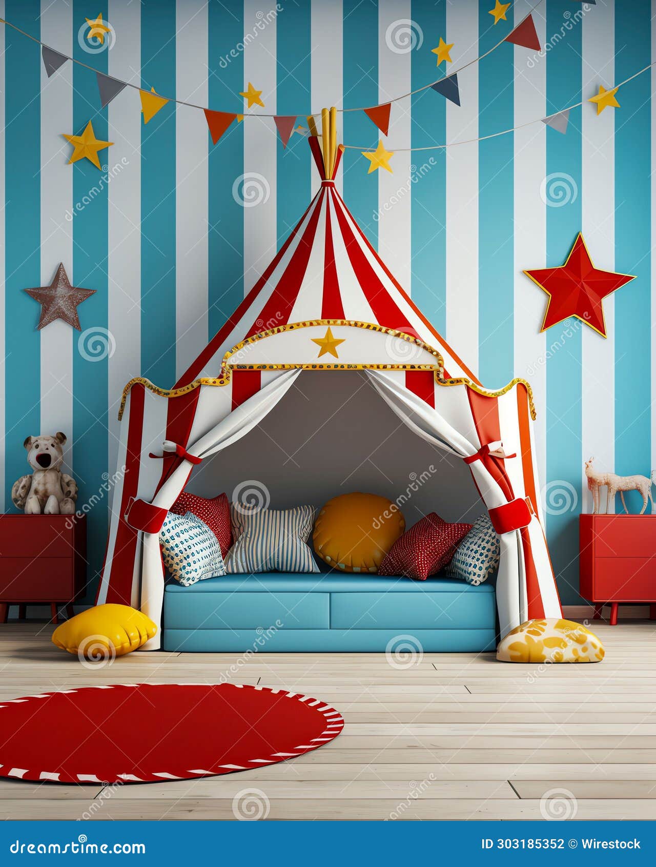 An AI Illustration of an Empty Room with a Blue Couch and Circus Tent ...