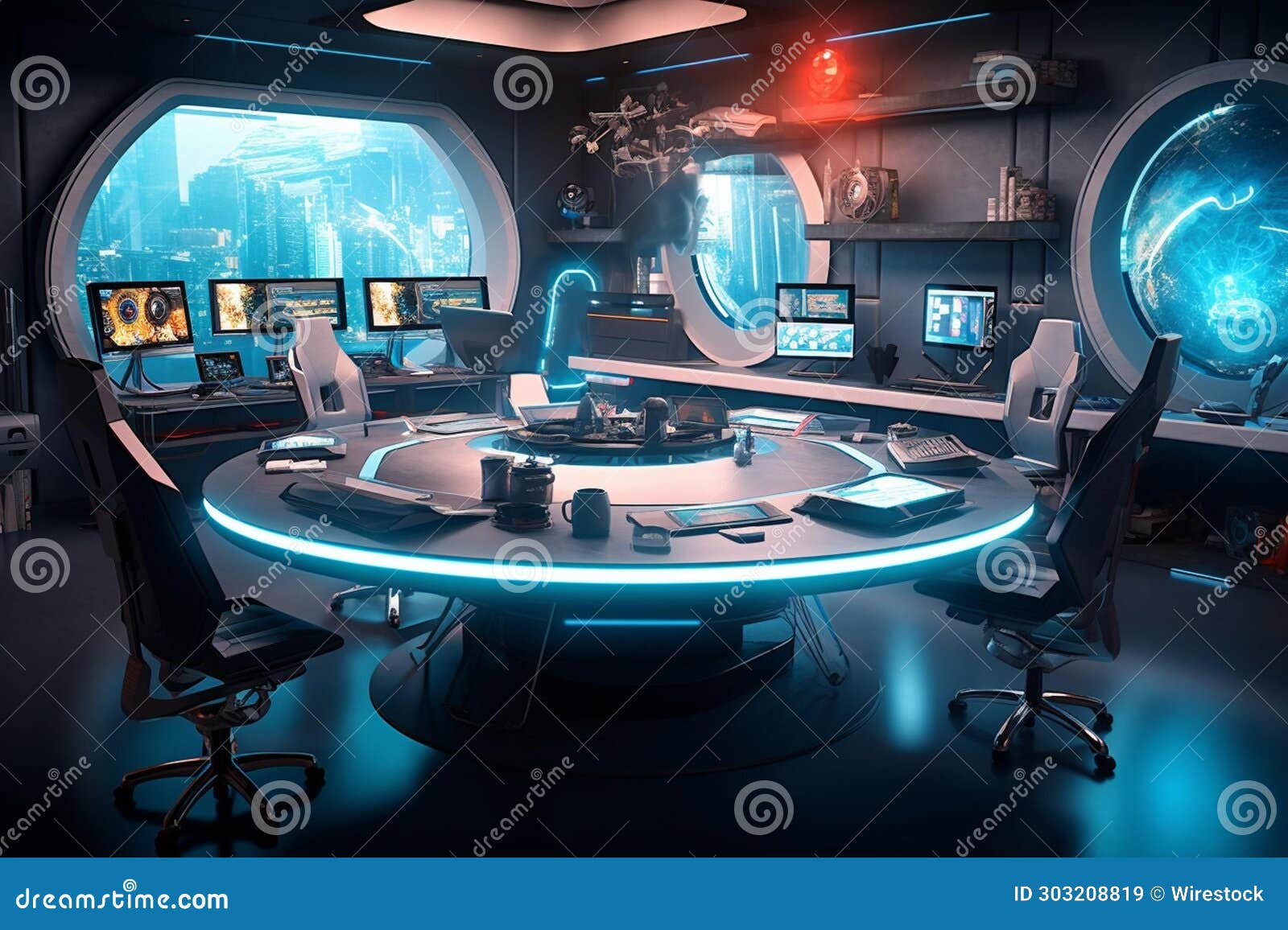 AI Illustration of a High-tech Science Lab Featuring a Desk with Four ...