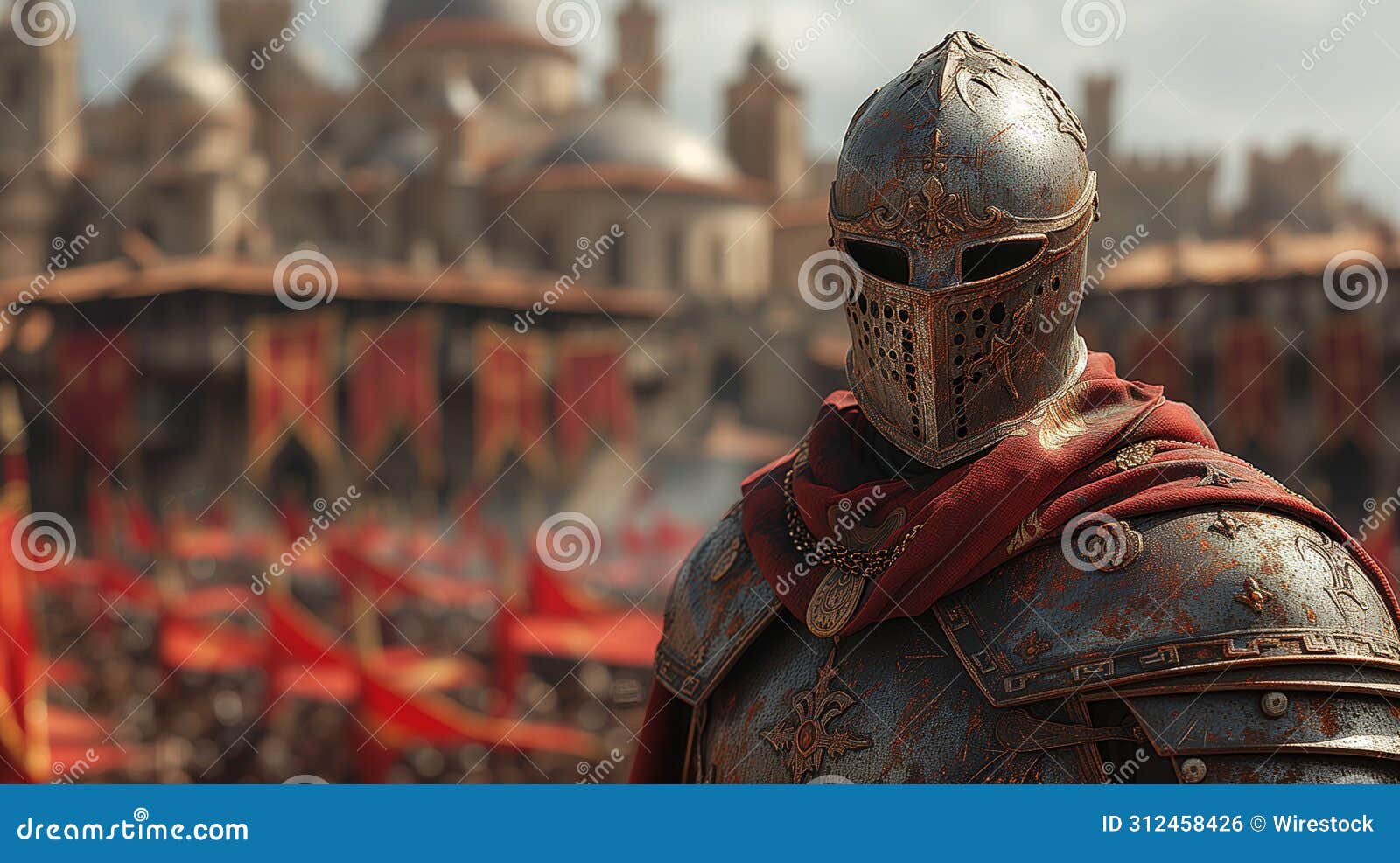 AI Illustration of a Medieval Knight in Armor with Red Flags and a ...