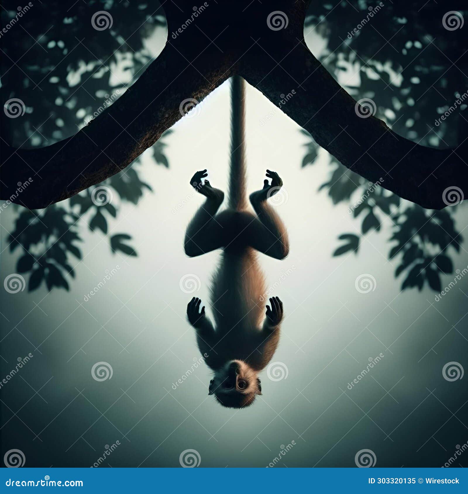 AI Illustration of a Monkey with a Long Tail Hanging from a Tree Branch ...