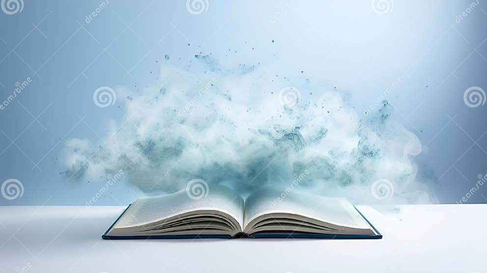 AI Illustration of an Open Book Resting on a White Tabletop, with Wispy ...