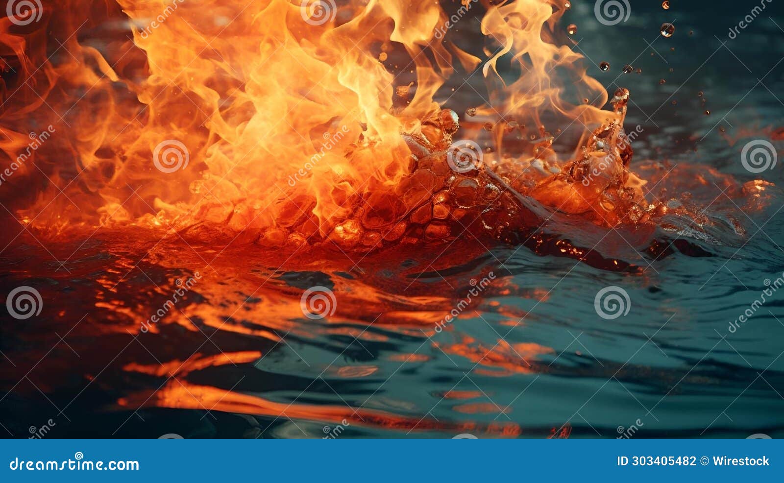 AI Illustration of a Pool of Water with Bubbles and a Burst of Fire ...