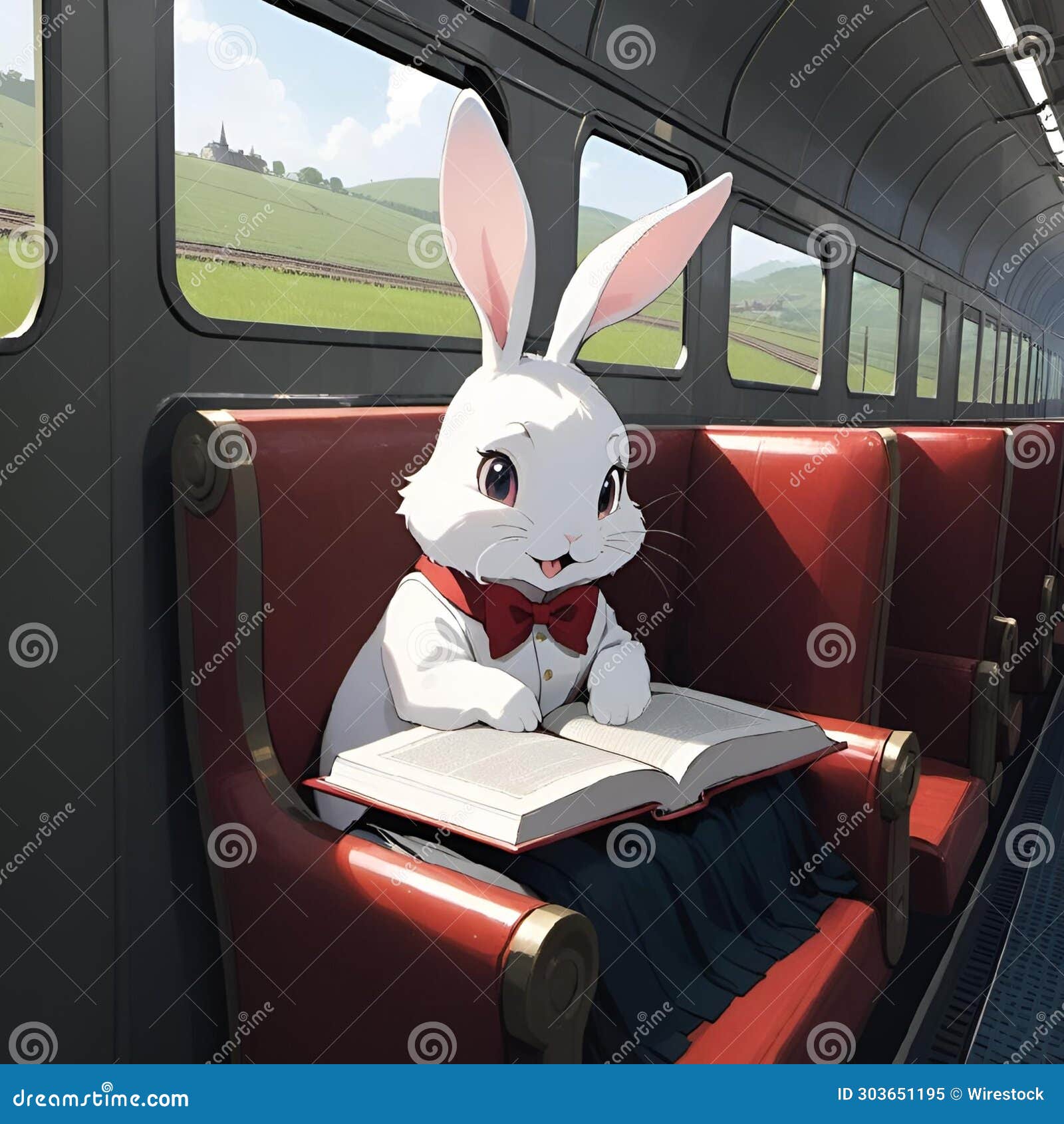 AI Illustration of a Rabbit Reading a Book on Train Stock Illustration ...
