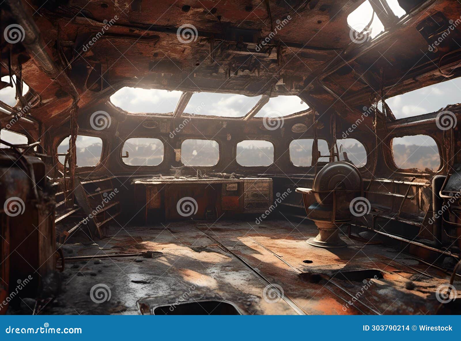 AI Illustration Of The Rusty Interior Of An Abandoned Ship With Broken ...
