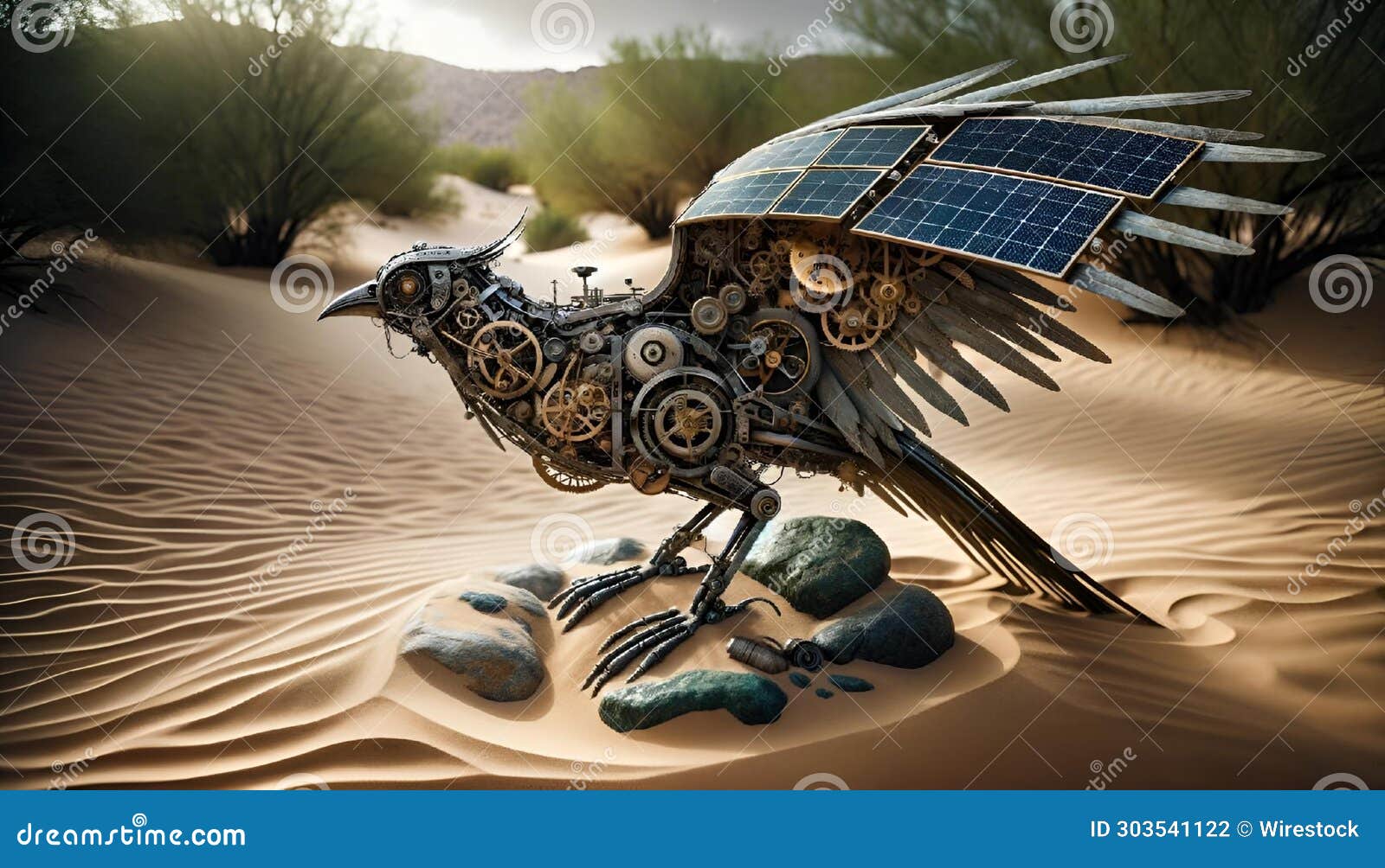 AI Illustration of a Time-worn, Mechanical Bird Sculpture with Delicate ...
