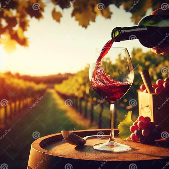 An Ai Illustration Of A Wine Glass Filled With Red Wine Being Poured Into A Barrel Stock