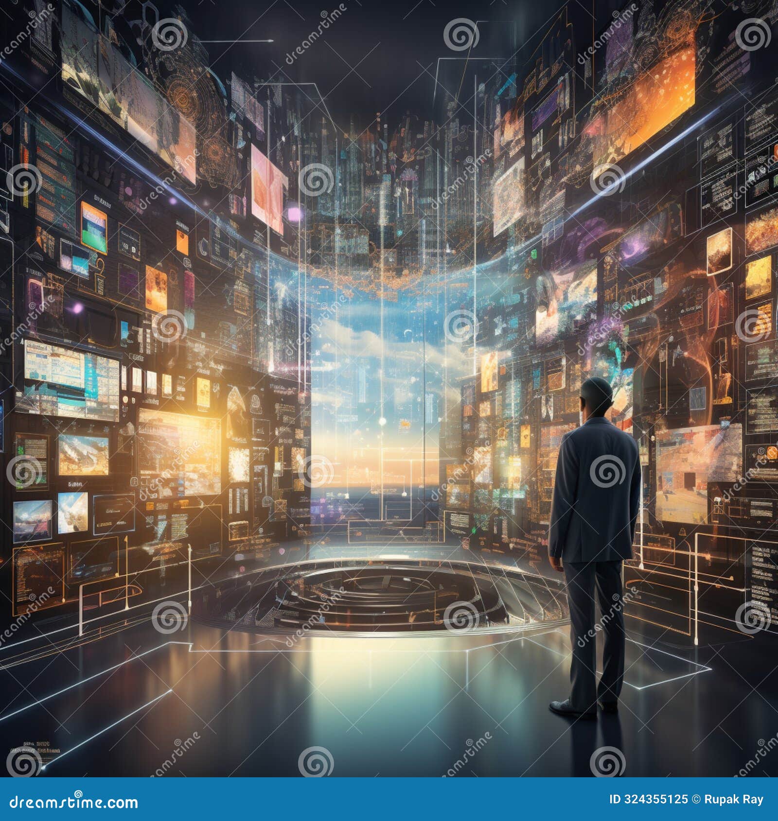 A Man Standing in Front of a Cityscape with a Tablet Illustration Image ...