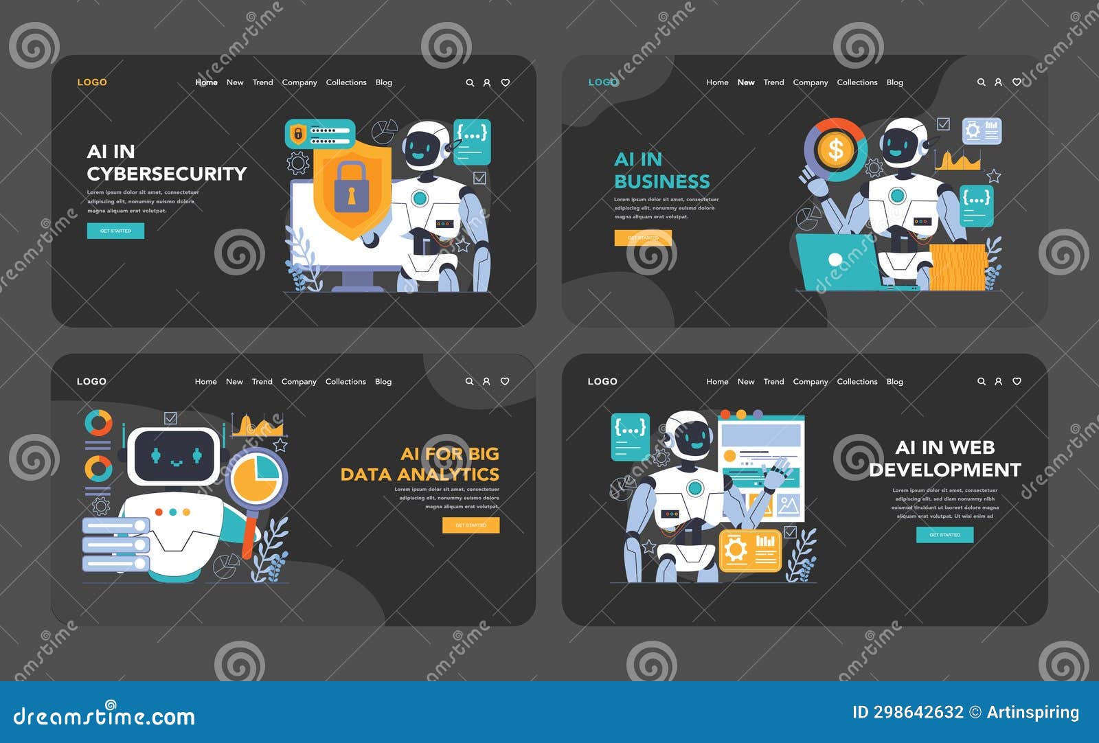 Ai Integration Dark or Night Mode Web or Landing Set. Artificial ...