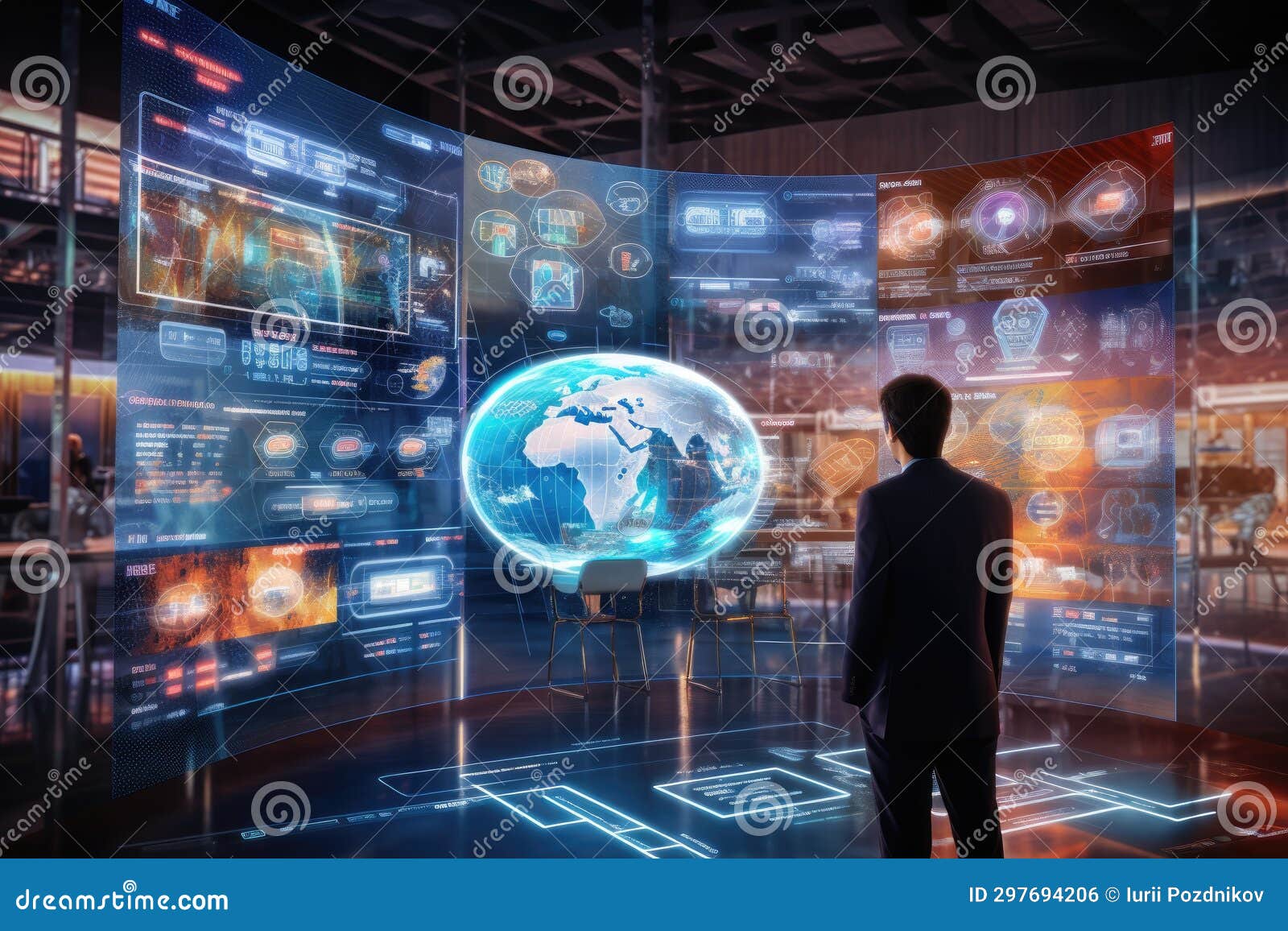 AI Interface on a Big Screen with an Endless Stream of Data, Symbols ...