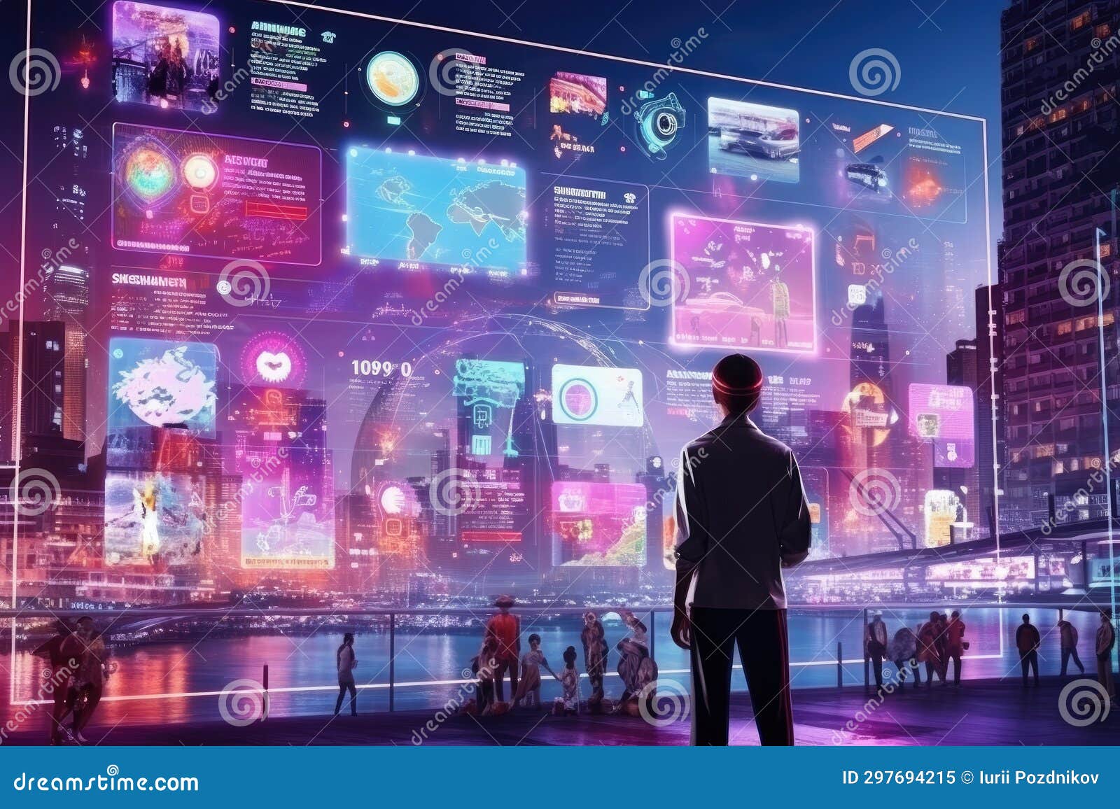 AI Interface on a Big Screen with an Endless Stream of Data, Symbols ...