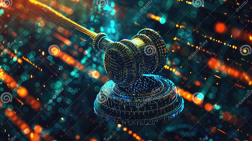 AI Justice Represented by a Digital Gavel, Surrounded by Data Patterns ...