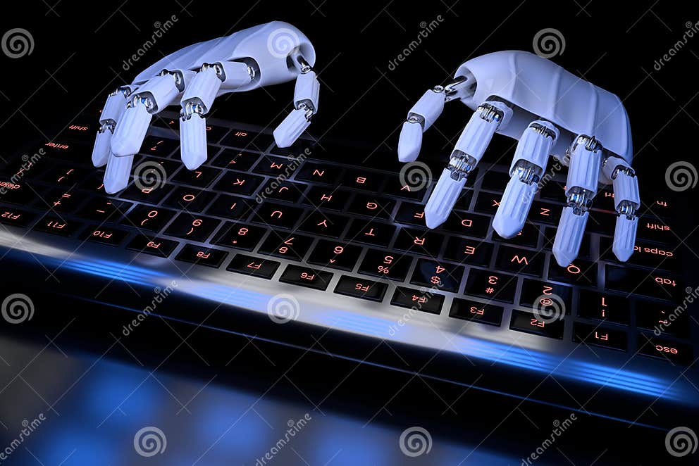 Ai Learning Concept Robot Hands Typing on Keyboard, Keypad. Robotic Arm ...