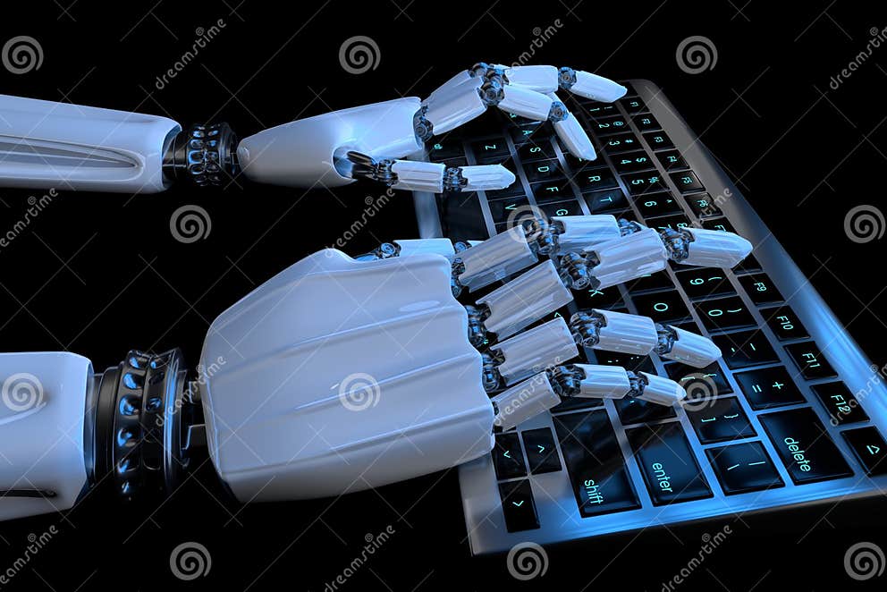Ai Learning Concept Robot Hands Typing on Keyboard, Keypad. Robotic Arm ...