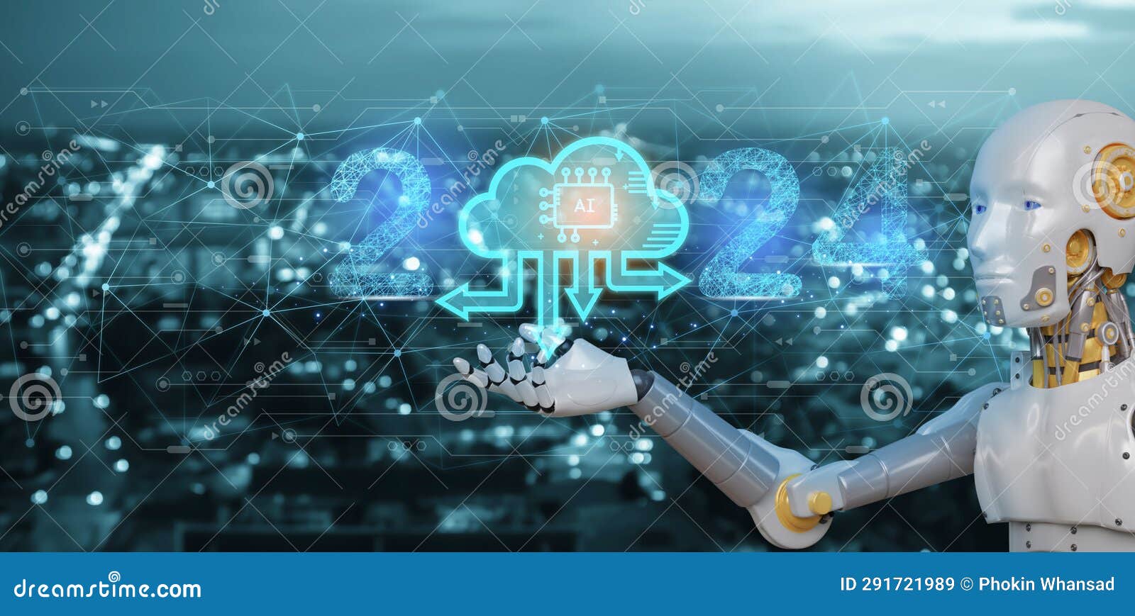 AI 2024 Machine Deep Learning, Robot Touch in Big Data Network Connection Cloud Computing ...