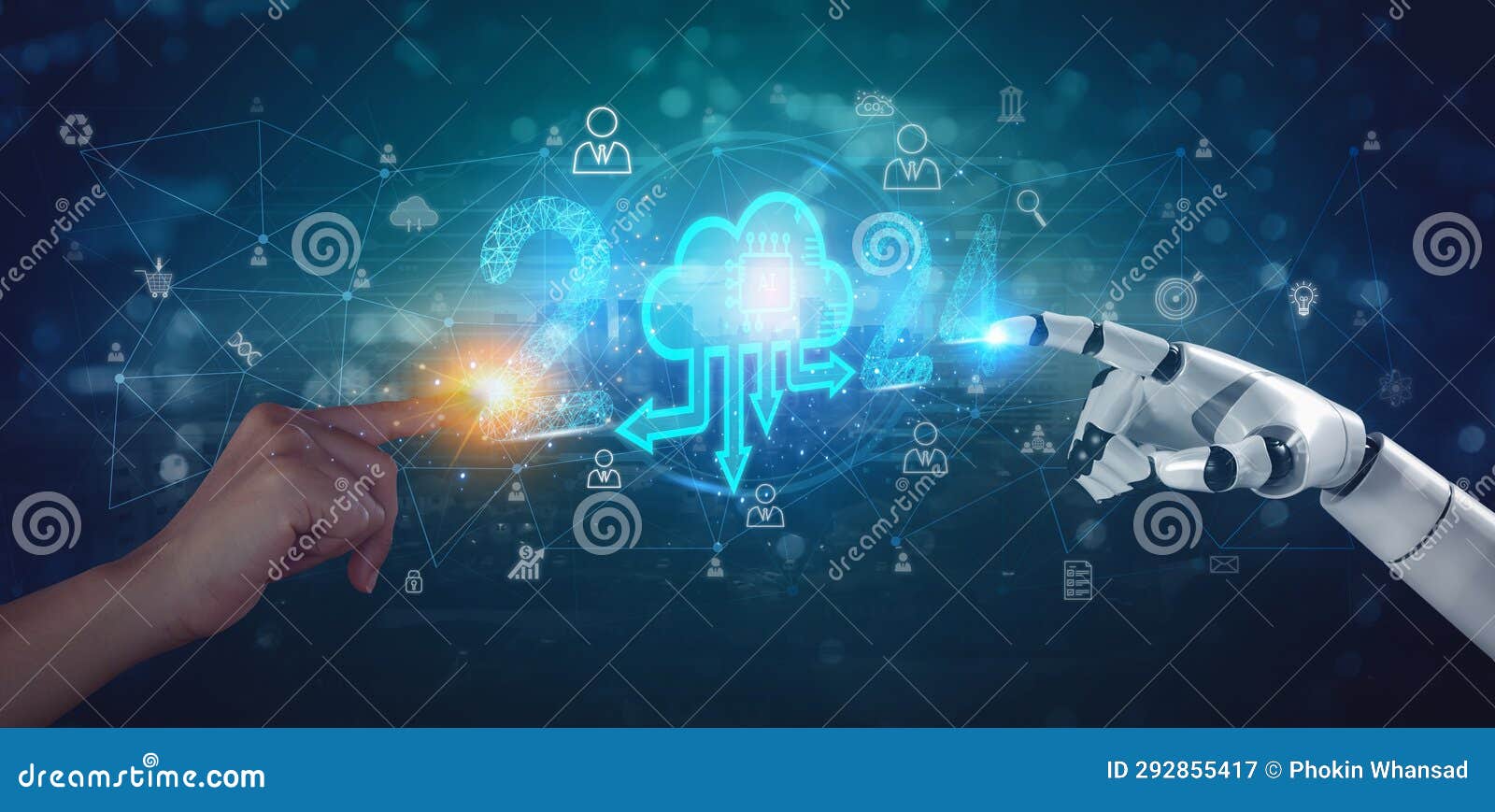 AI 2024 Machine Deep Learning, Robot Touch in Big Data Network Connection Cloud Computing ...